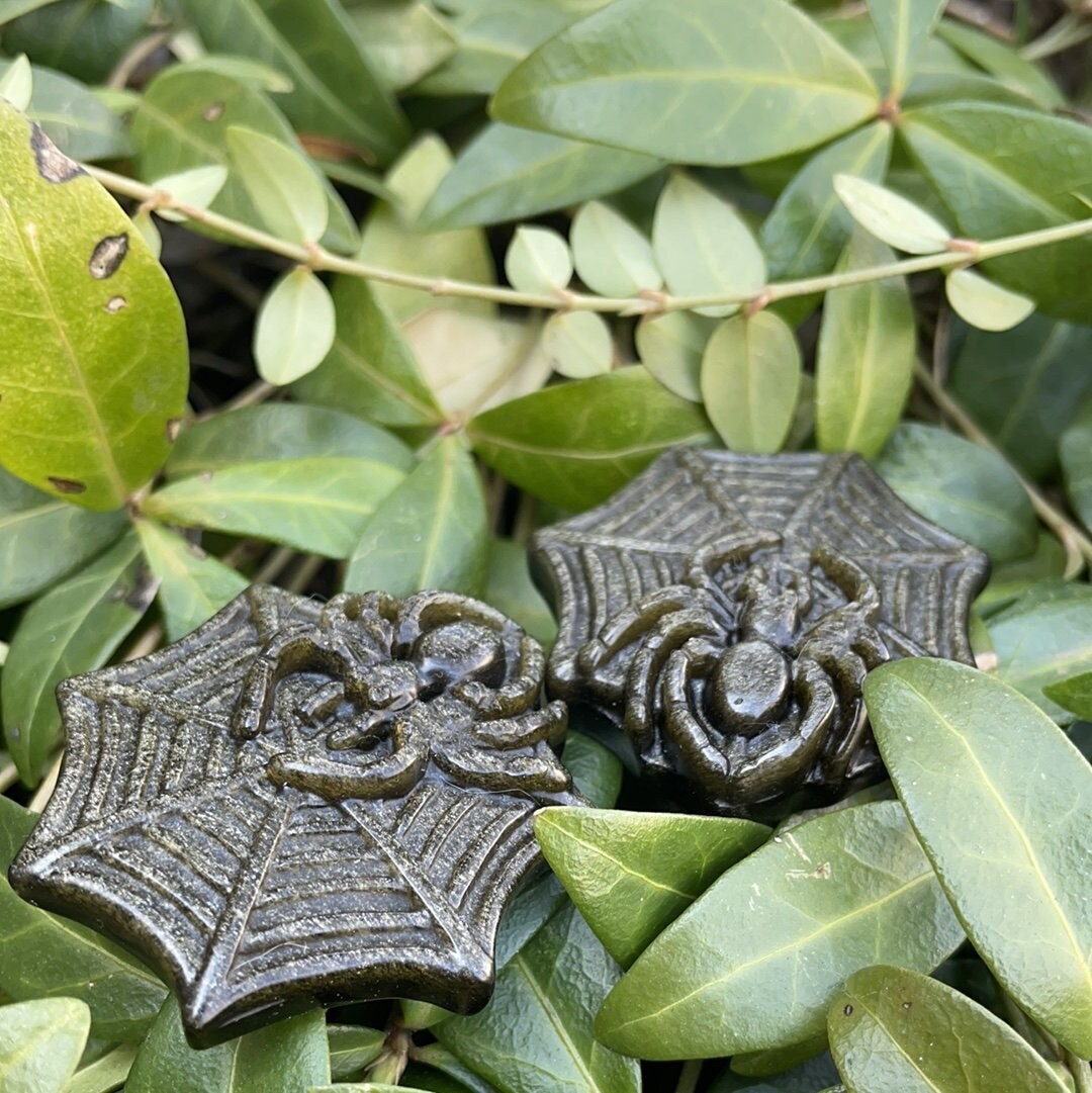 Rocks & Geodes Gold Sheen Obsidian & Spider Web Stand Witch Crystal ...