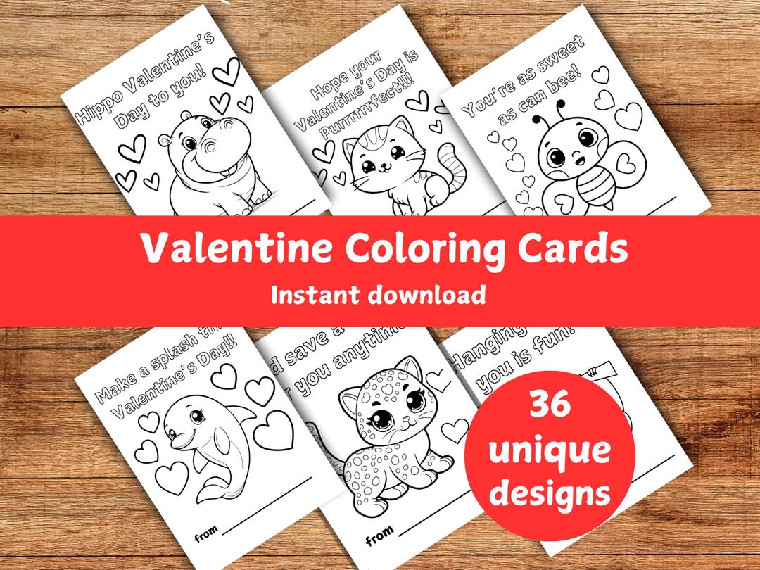Cute Animal Valentine's Day Coloring Cards, Printable Classroom ...