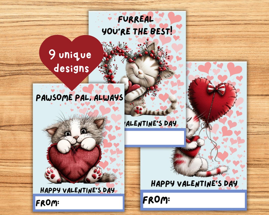 Printable Cat Valentine's Day Coloring Cards, 9 Kitten Classroom ...
