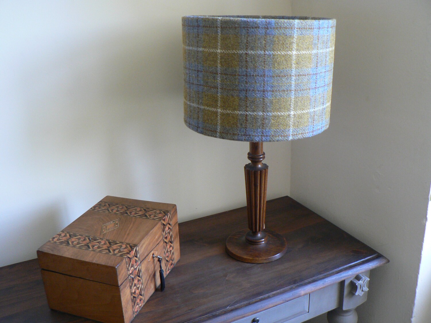 Harris Tweed Drum Lampshade Blue, Mustard and Cream Tartan 30cms - Etsy UK