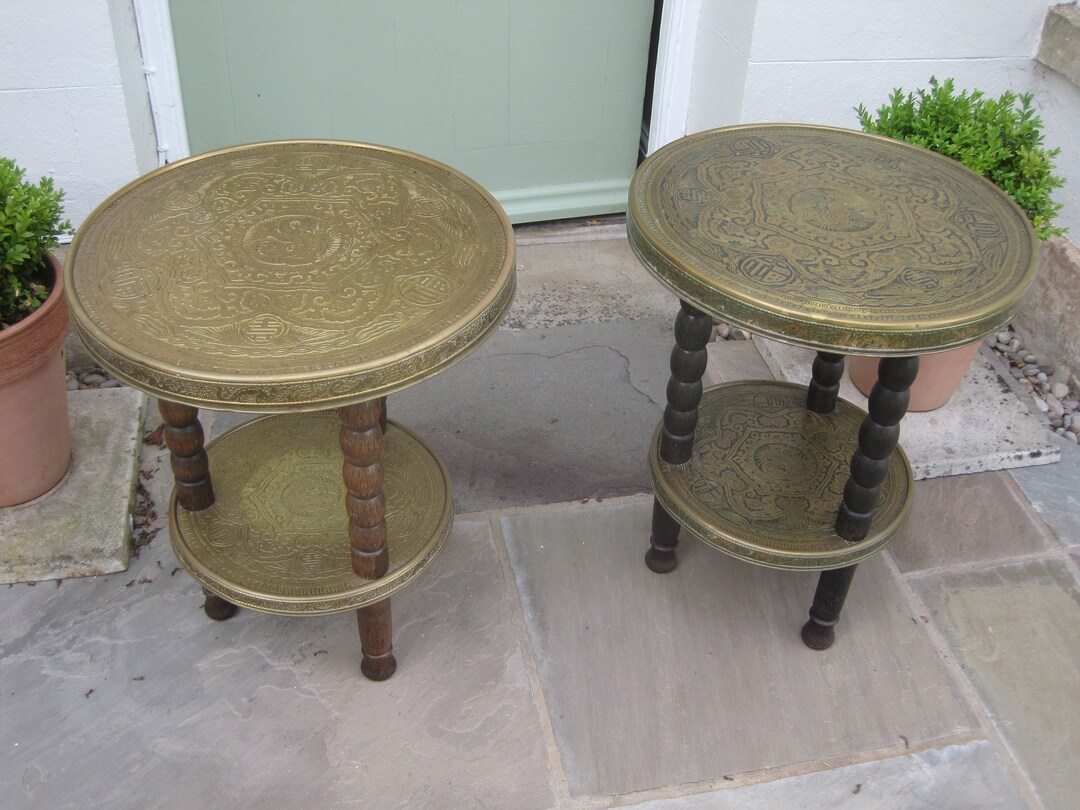 A Pair of Antique Chinese Two Tier Wooden Brass Topped Tables - Etsy UK