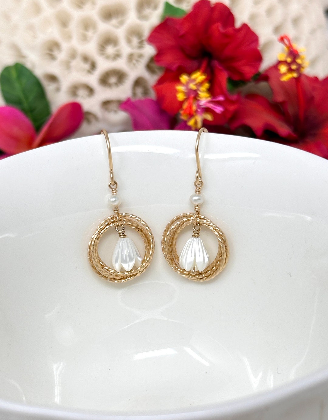 Kaʻiulani Earrings. Pikake Pearl Drop Earrings / Dainty Pikake Earrings ...