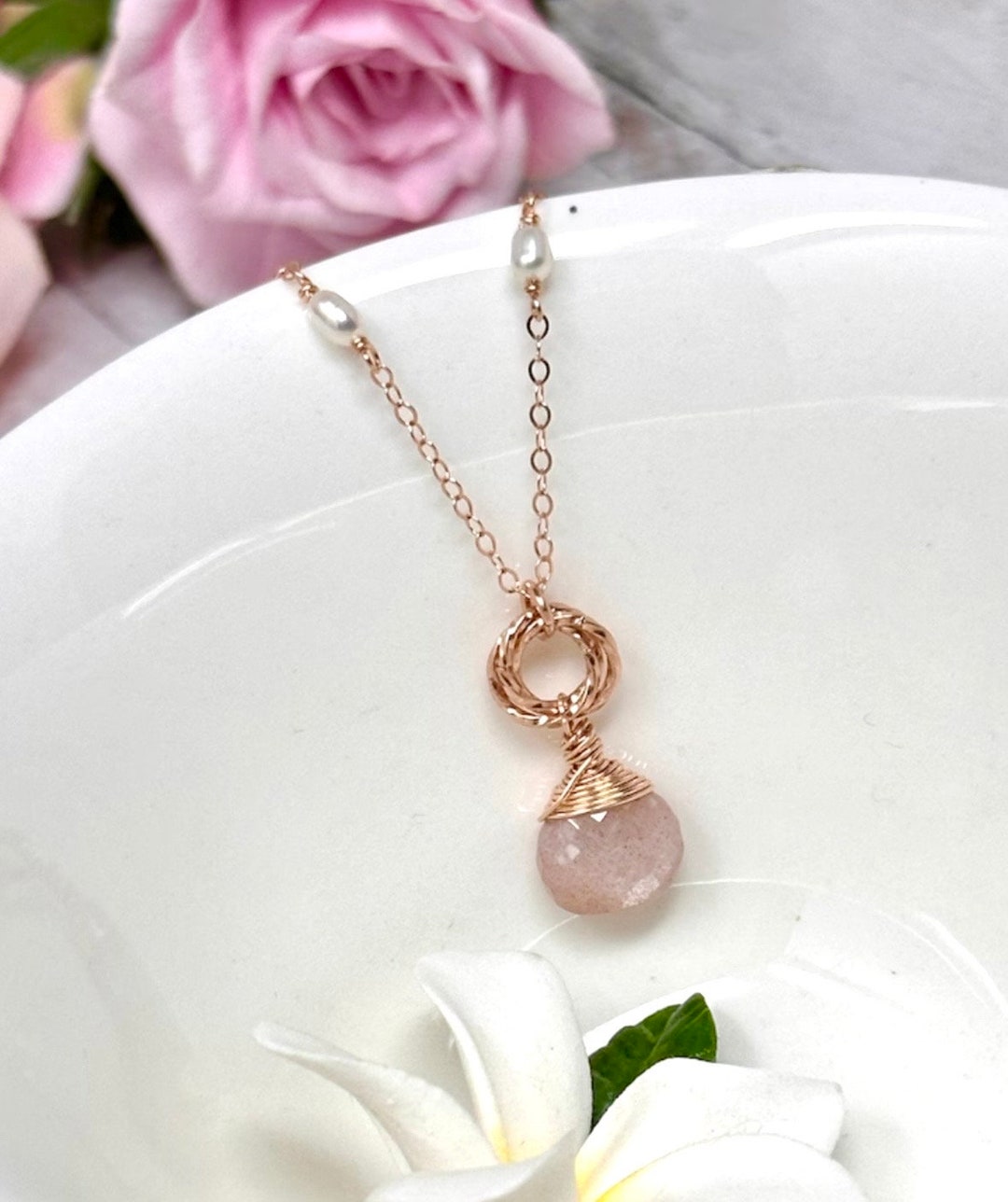 Peach Rosette Necklace. Dainty Peach Moonstone Teardrop Necklace Gold ...