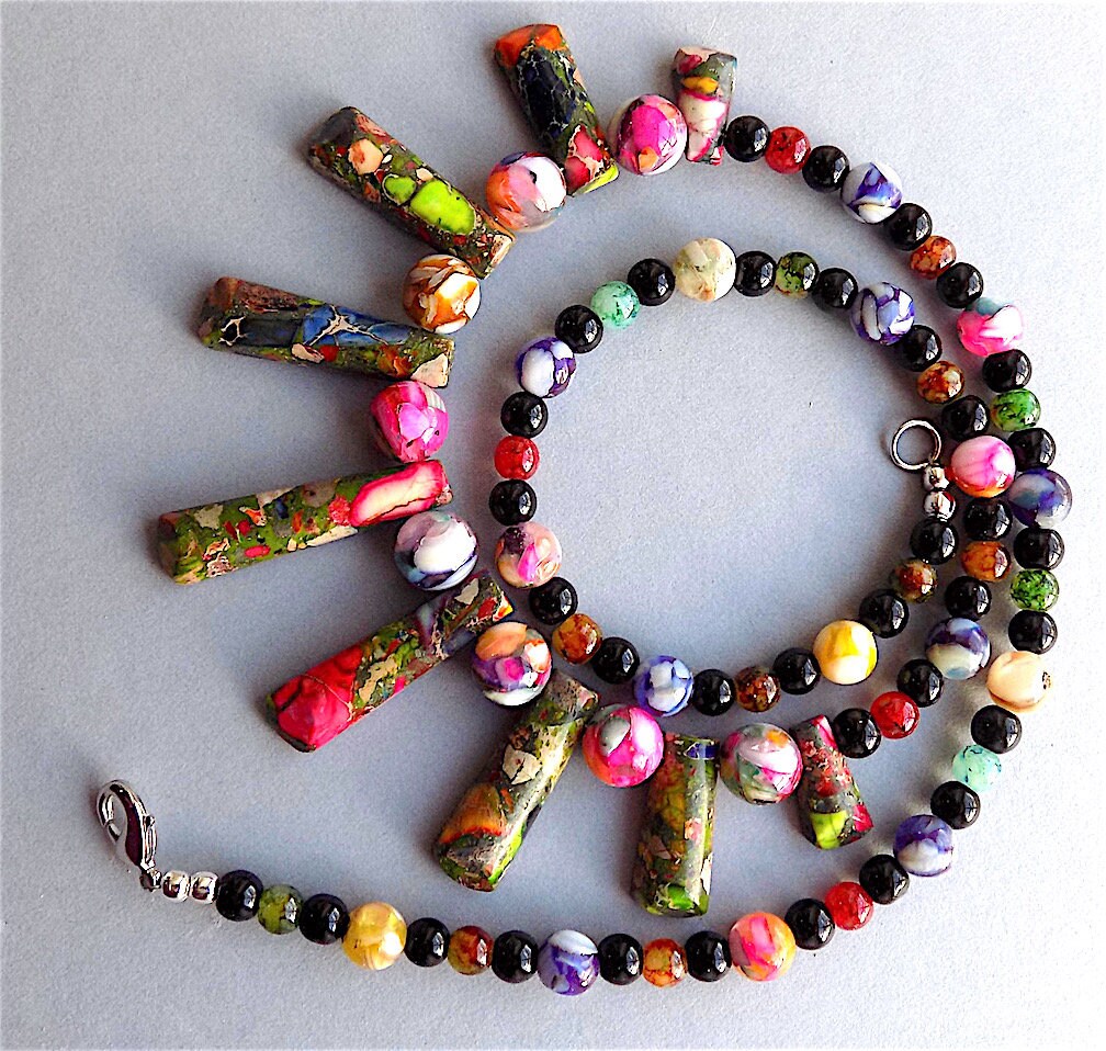 Rainbow Gem Stone Necklace, Sea Sediment Jasper With Mother of Pearl ...