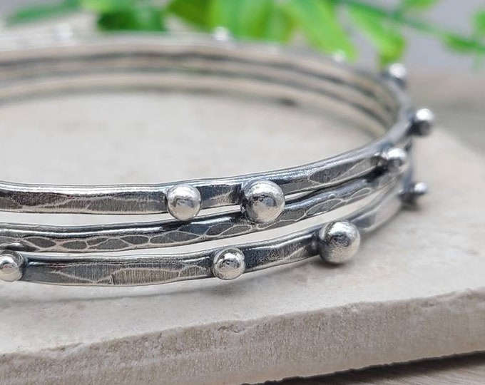 Rustic Sterling Silver Bangle Bracelet / SET OF 3 / Sterling Baubles ...