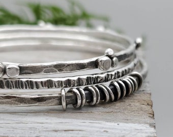 Rustic Sterling Silver Bangle Bracelet SET OF 3 / Sterling | Etsy