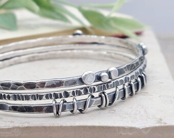 Rustic Sterling Silver Bangle Bracelet SET OF 3 / Sterling - Etsy