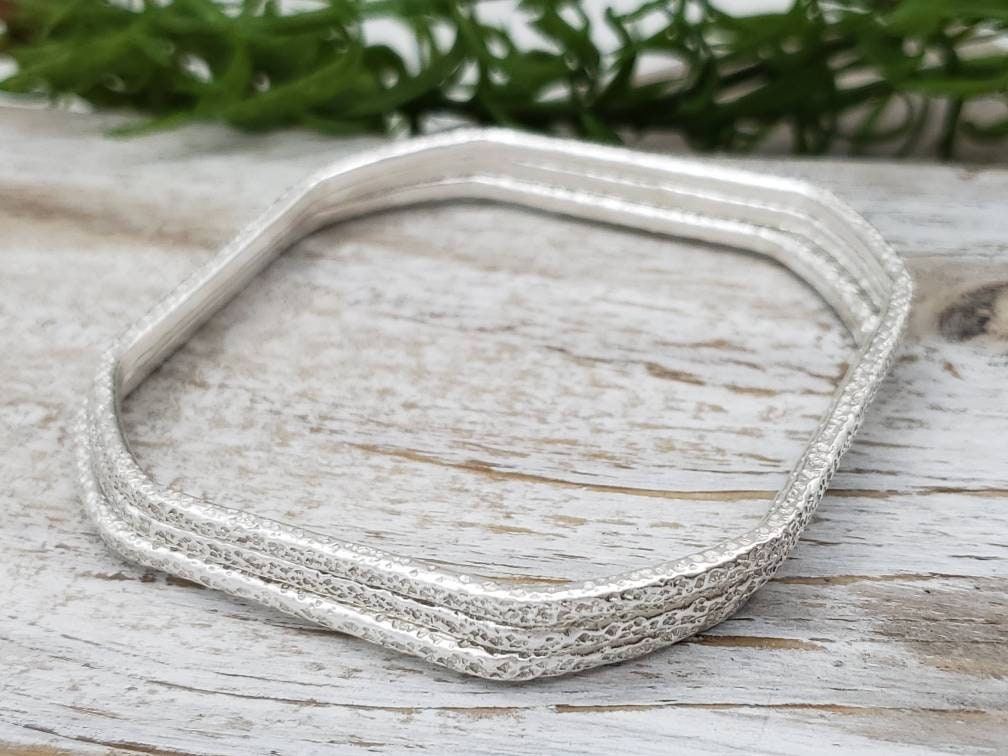 Sterling Silver Bangle Bracelet / Square / Hammered | Etsy