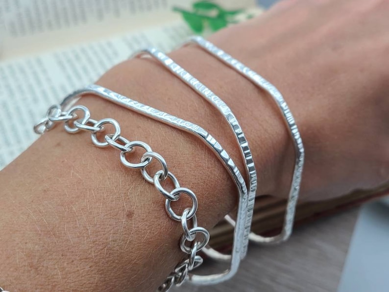 Sterling Silver Bangle Bracelet / Square / Hammered - Etsy
