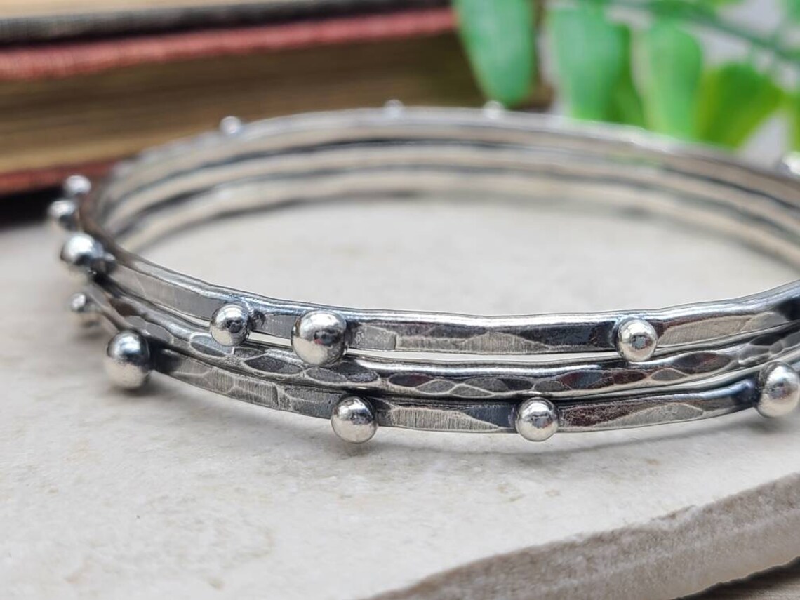 Rustic Sterling Silver Bangle Bracelet / SET OF 3 / Sterling Baubles ...