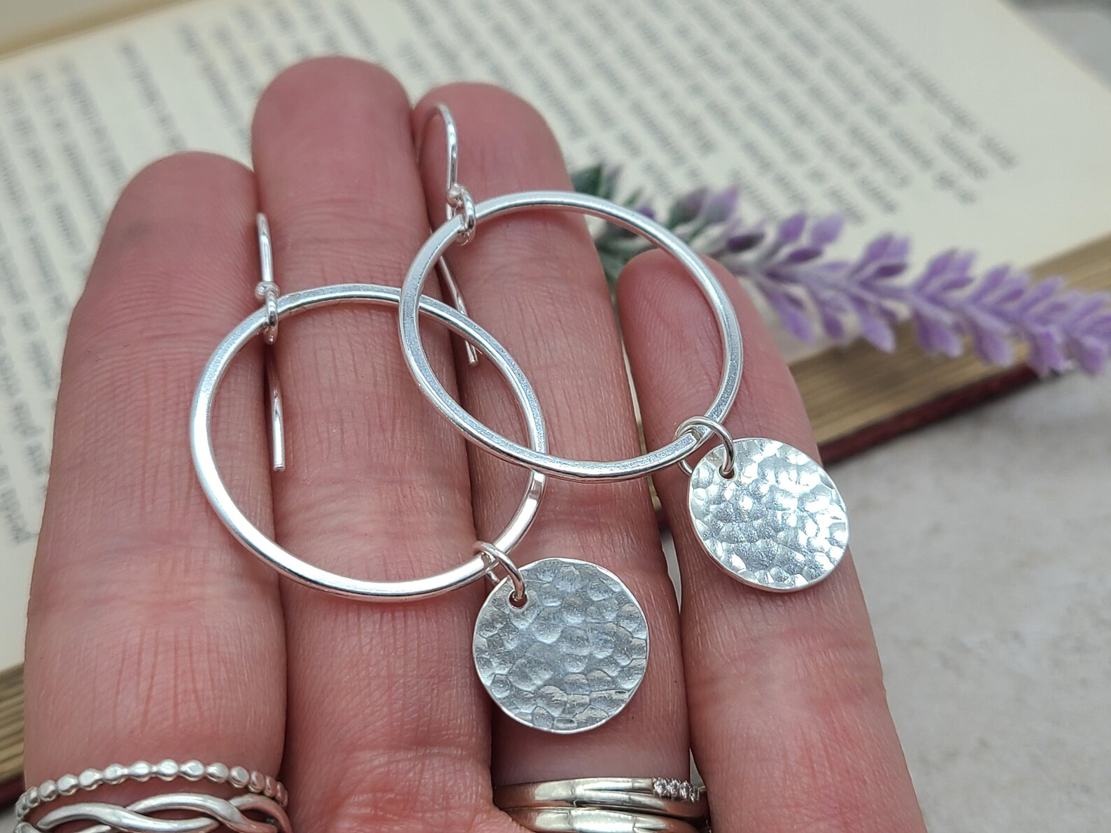 Sterling Silver Hammered Disc Hoop Earrings - Etsy