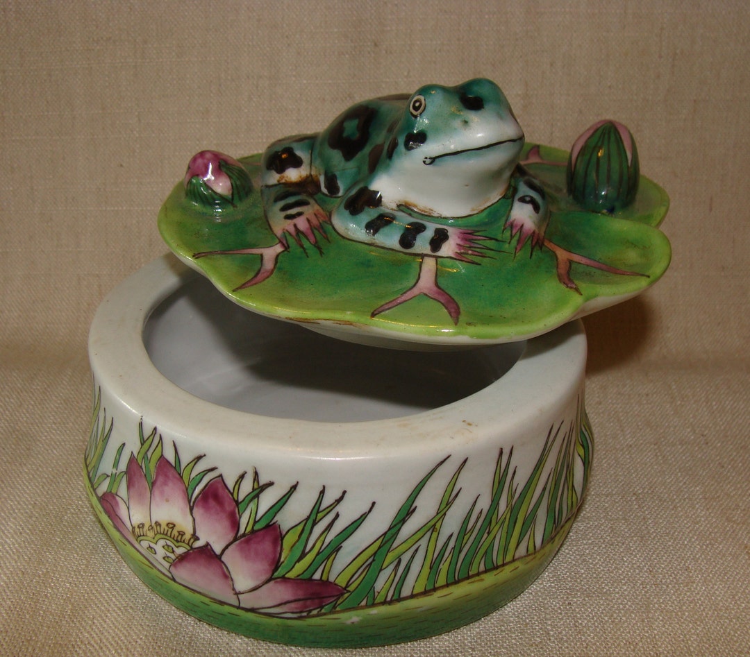 Froggy Accent Figure on Porcelain Base Perched on the Lid of Jar With H ...