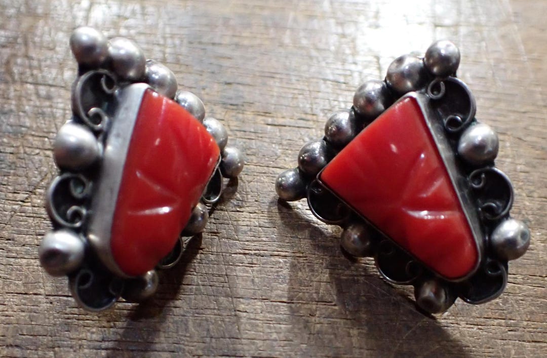Vintage Mexico Red Tribal Mask Glass Sterling Silver Screw Back ...