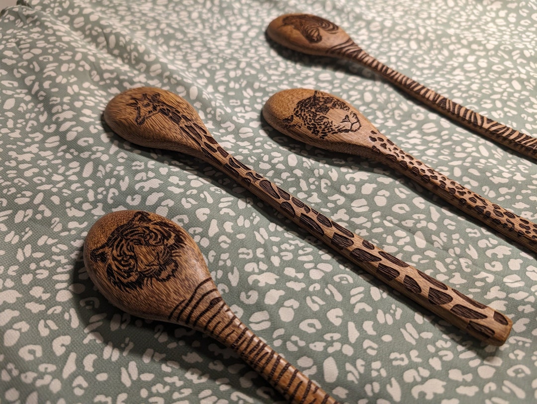 Tiger Spoon, 9" Engraved Dark Jichimu Wood Spoon or Set of 4 Animal ...