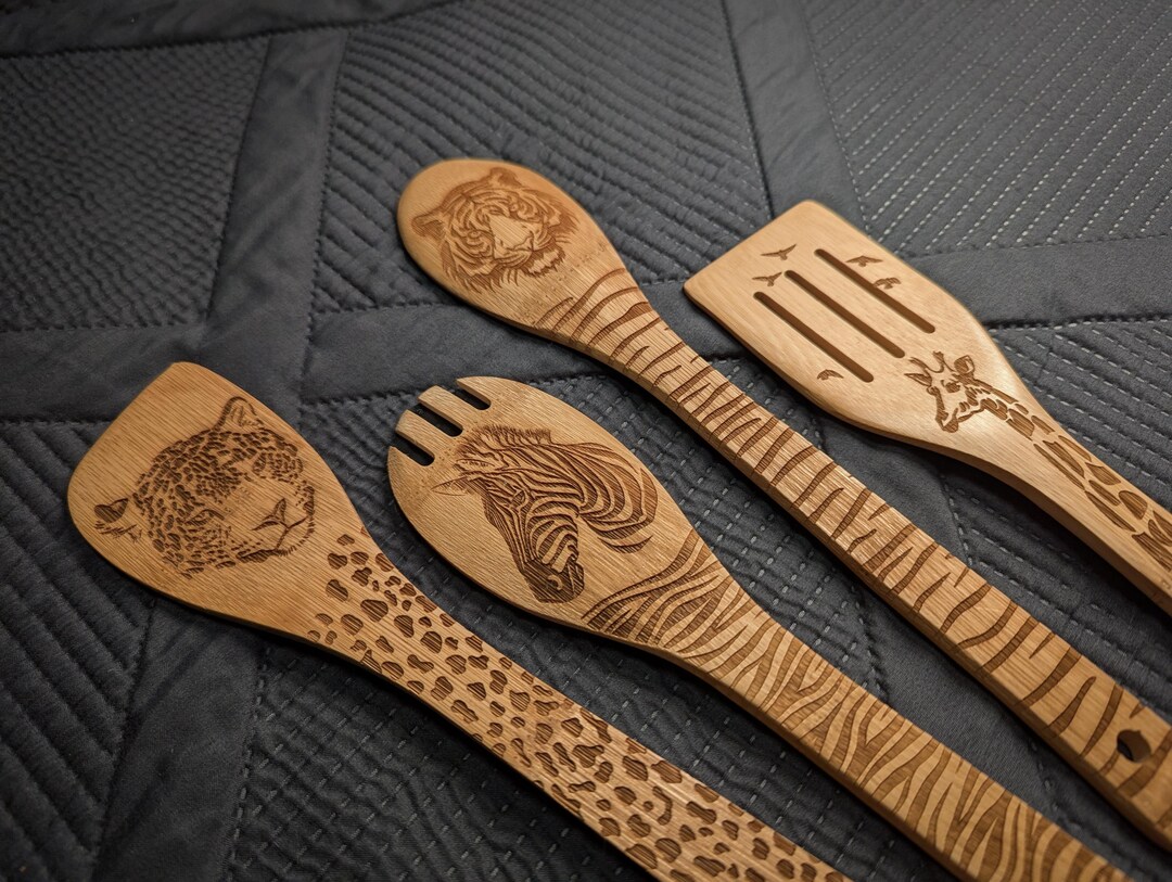 Safari Animal Assorted Utensil Set of 4, 12" Engraved Bamboo Utensils ...