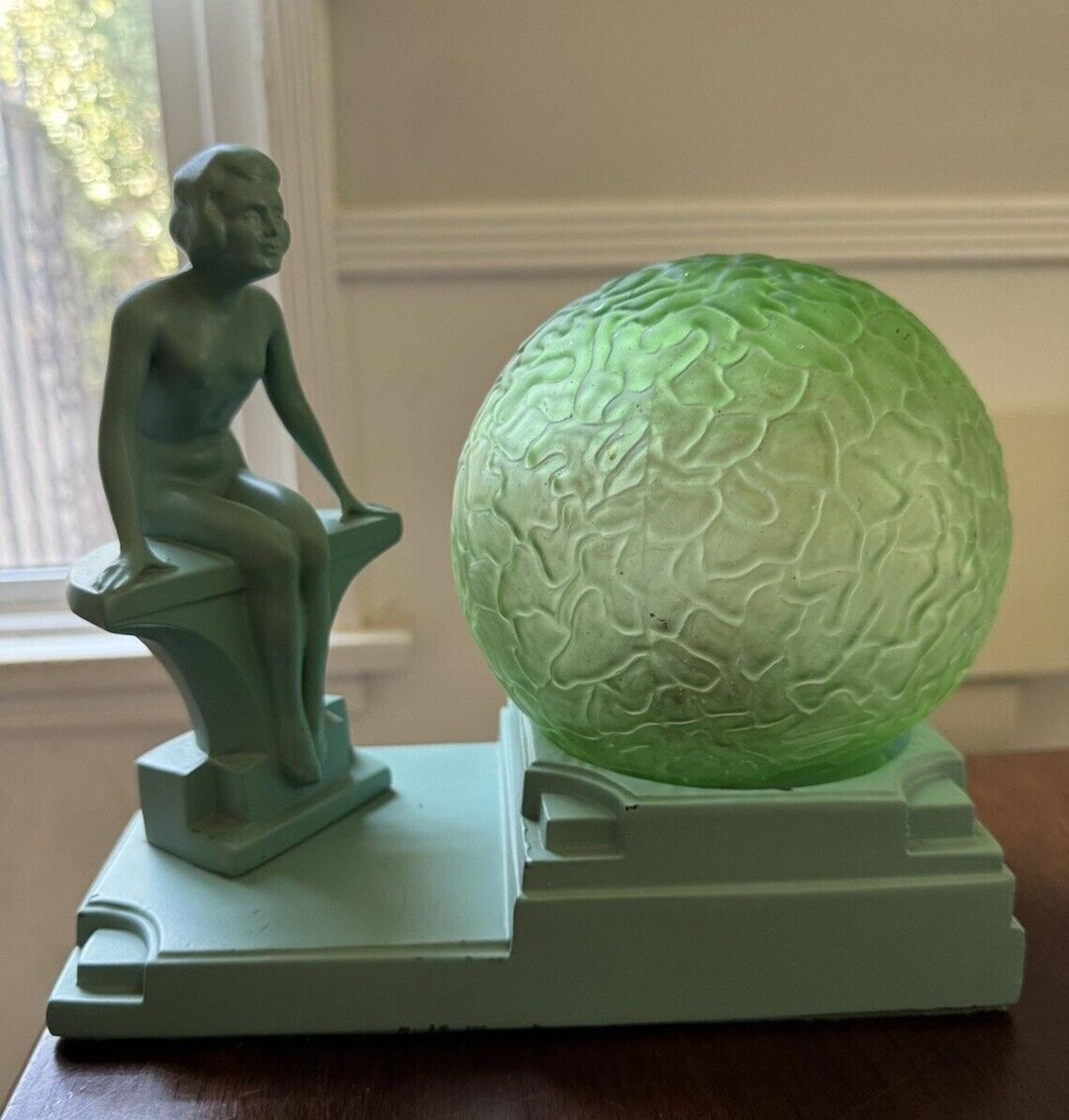 Art Deco Frankart Nuart Lady Lamp W/ Green Crackle Glass Vaseline Light Shade - Etsy