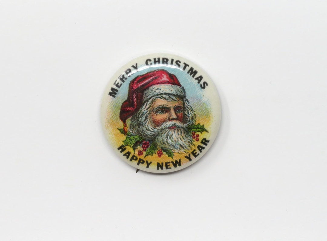 Vintage 1940s Advertising Celluloid Pinback Santa Claus Merry Christmas ...