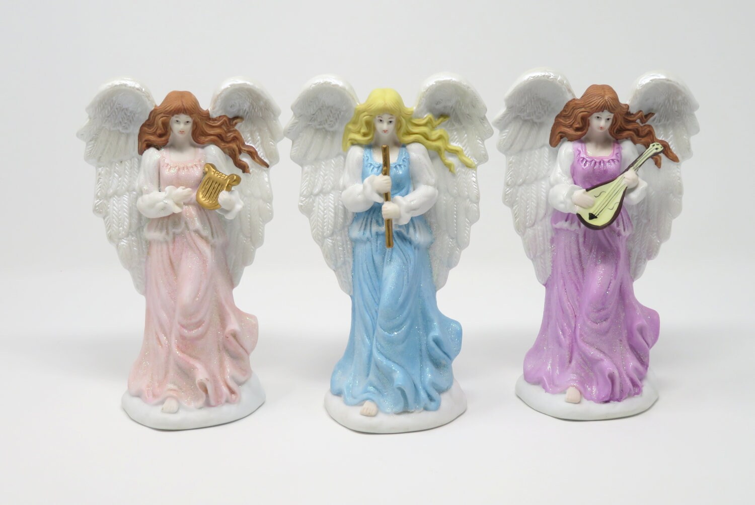Vintage 1990s Angel Figurines Playing Instruments - Glitter Dresses ...