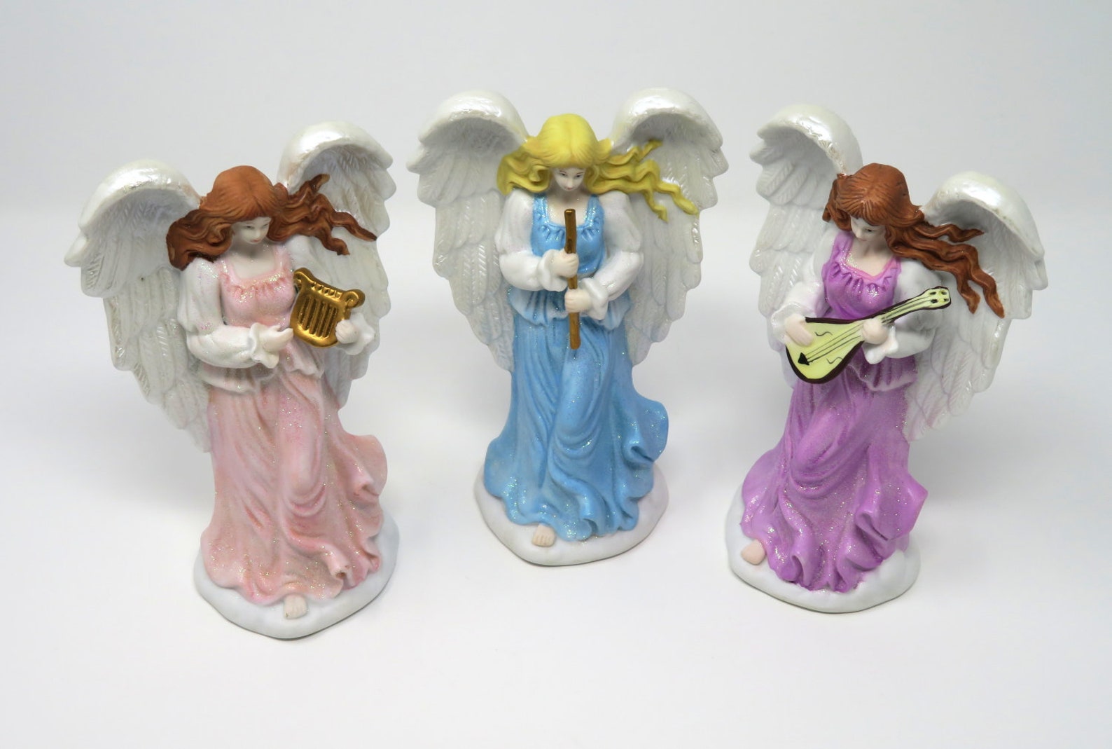 Vintage 1990s Angel Figurines Playing Instruments - Glitter Dresses ...