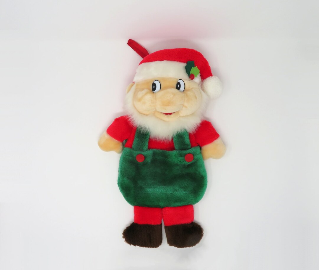 Vintage 1990s Santa Elf in Bib Overalls Christmas Stocking Puppet Plush ...