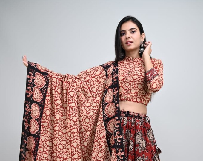 Maroon Black Cotton Block Print Lehengas Choli Set - Etsy