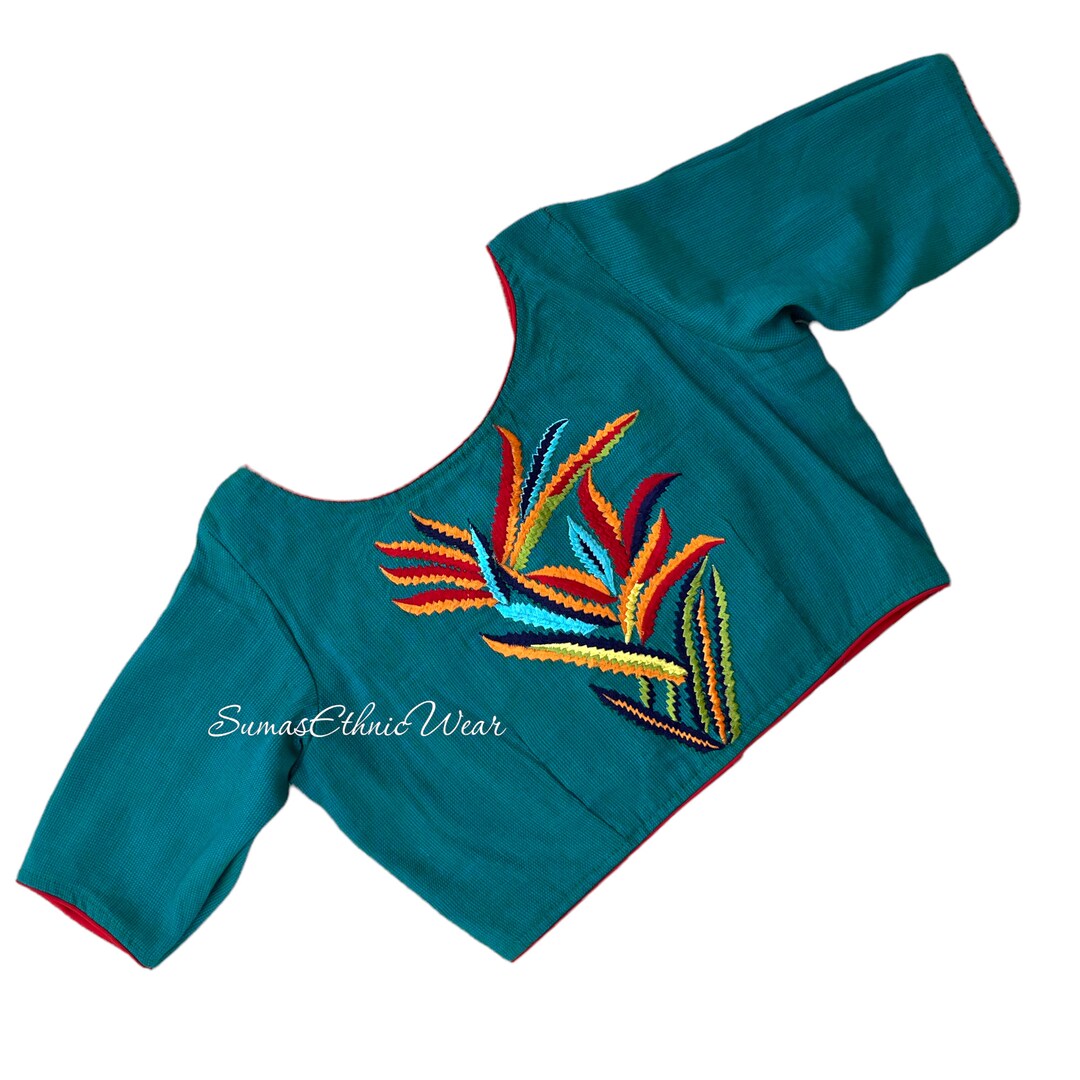 Prussian Blue Cotton Embroidered Blouse - Etsy