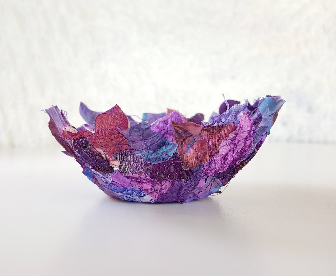 Upcycled Fabric Bowl: Fiber Art Collage, Purple Home Decor (4" X 2") - Etsy