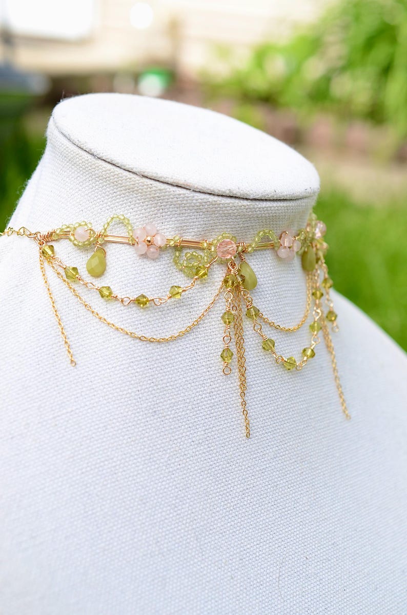Whimsical Rose Quartz Peridot Choker: Gold Filled Fairycore Necklace - Etsy