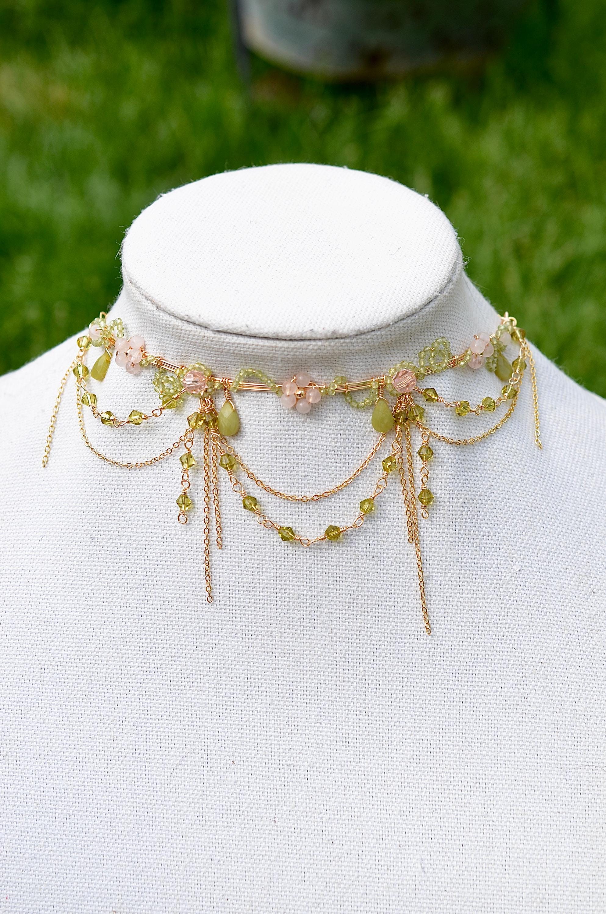 Whimsical Rose Quartz Peridot Choker: Gold Filled Fairycore Necklace - Etsy