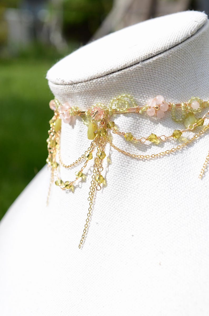Whimsical Rose Quartz Peridot Choker: Gold Filled Fairycore Necklace - Etsy