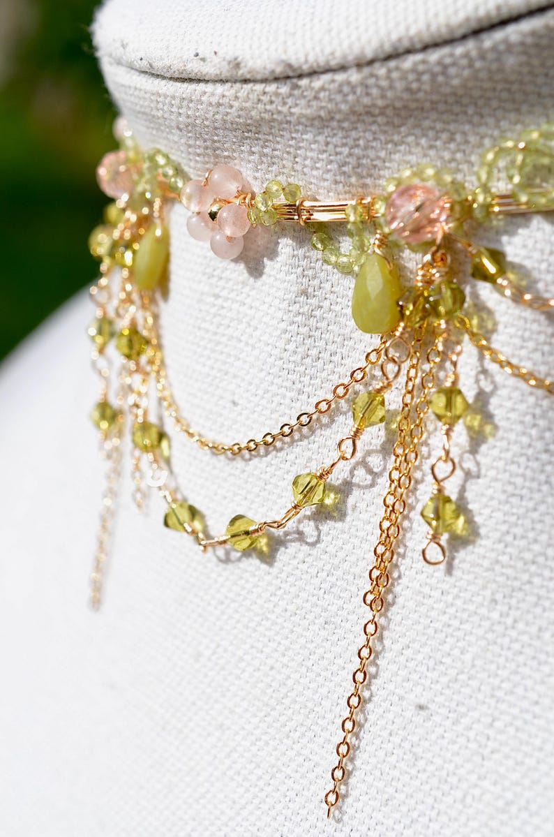 Whimsical Rose Quartz Peridot Choker: Gold Filled Fairycore Necklace - Etsy