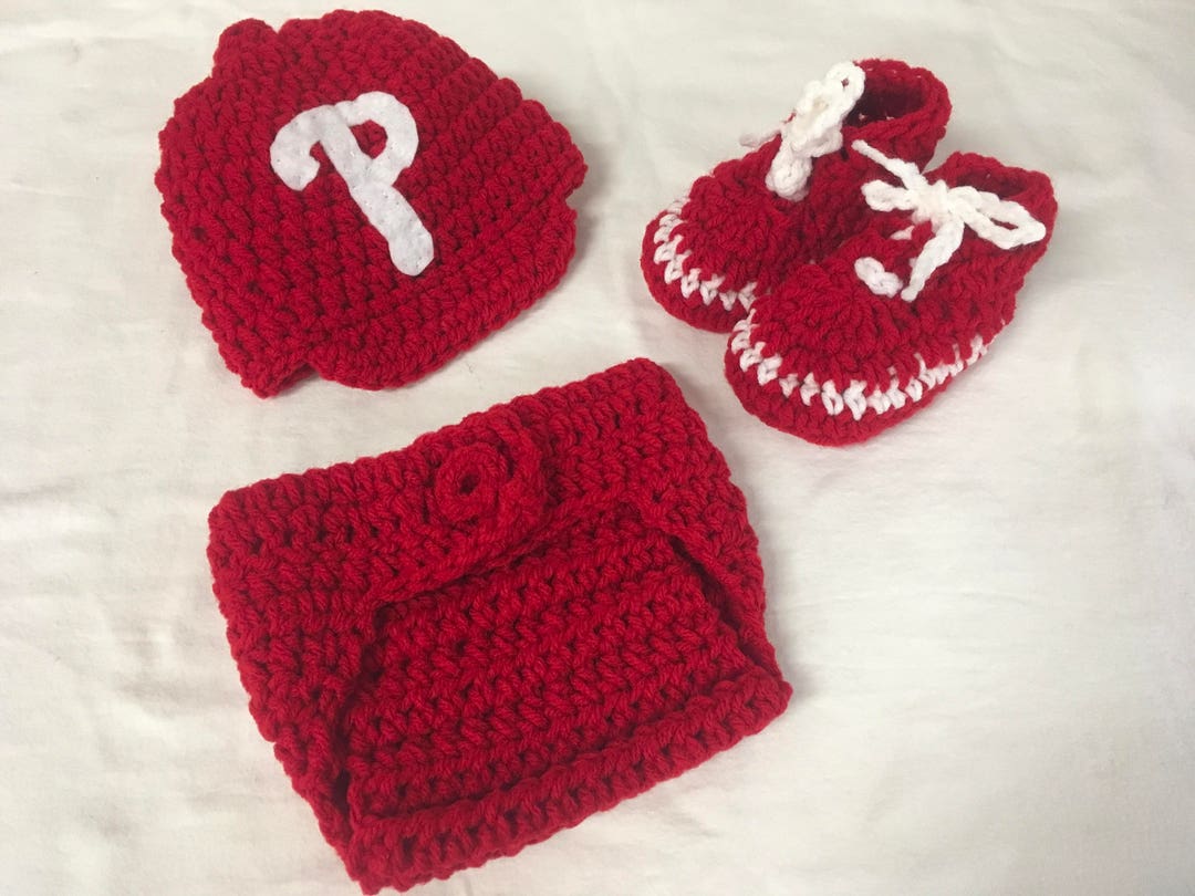 Philadelphia Phillies Baby Crochet Baseball Cap, Diaper and Booties - Etsy