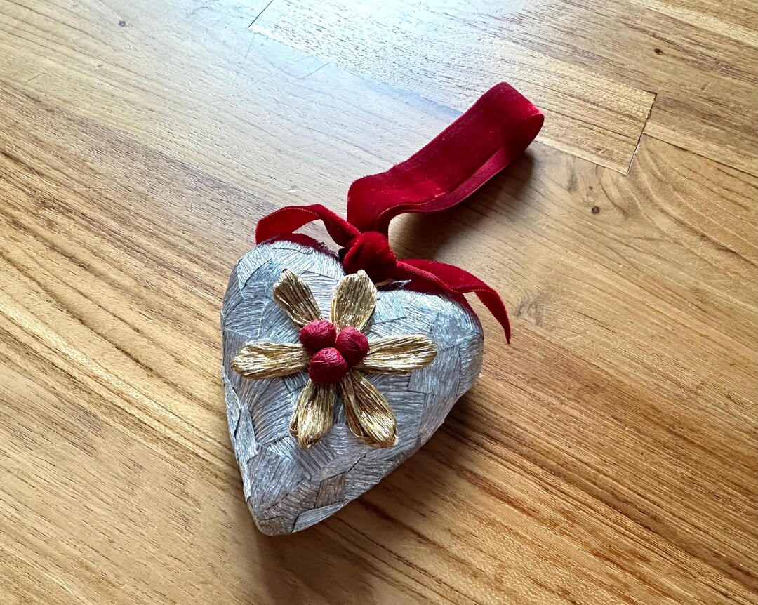 Handmade Silver Corazon Paper Ornament With Gift Box, Heart Paper Mache ...
