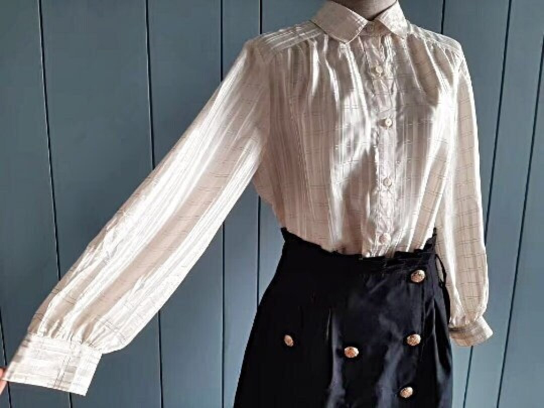 Lustrous M - 70s Ivory Silky Shirt Blouse - Silver Metallic Lurex ...