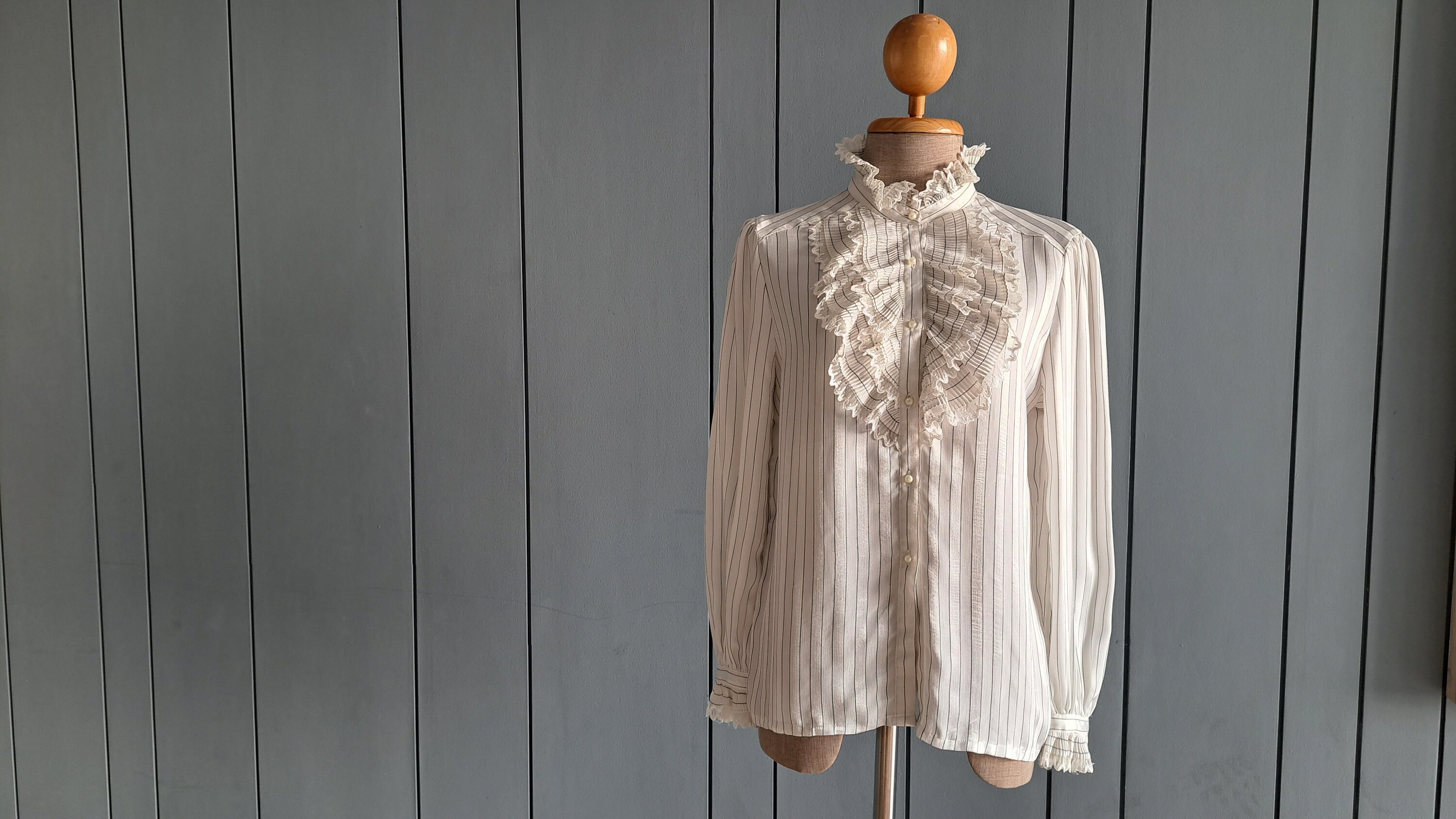 Romantic M 70s White Chiffon Blouse Ruffle Pleat Lace Blouse Office 0389
