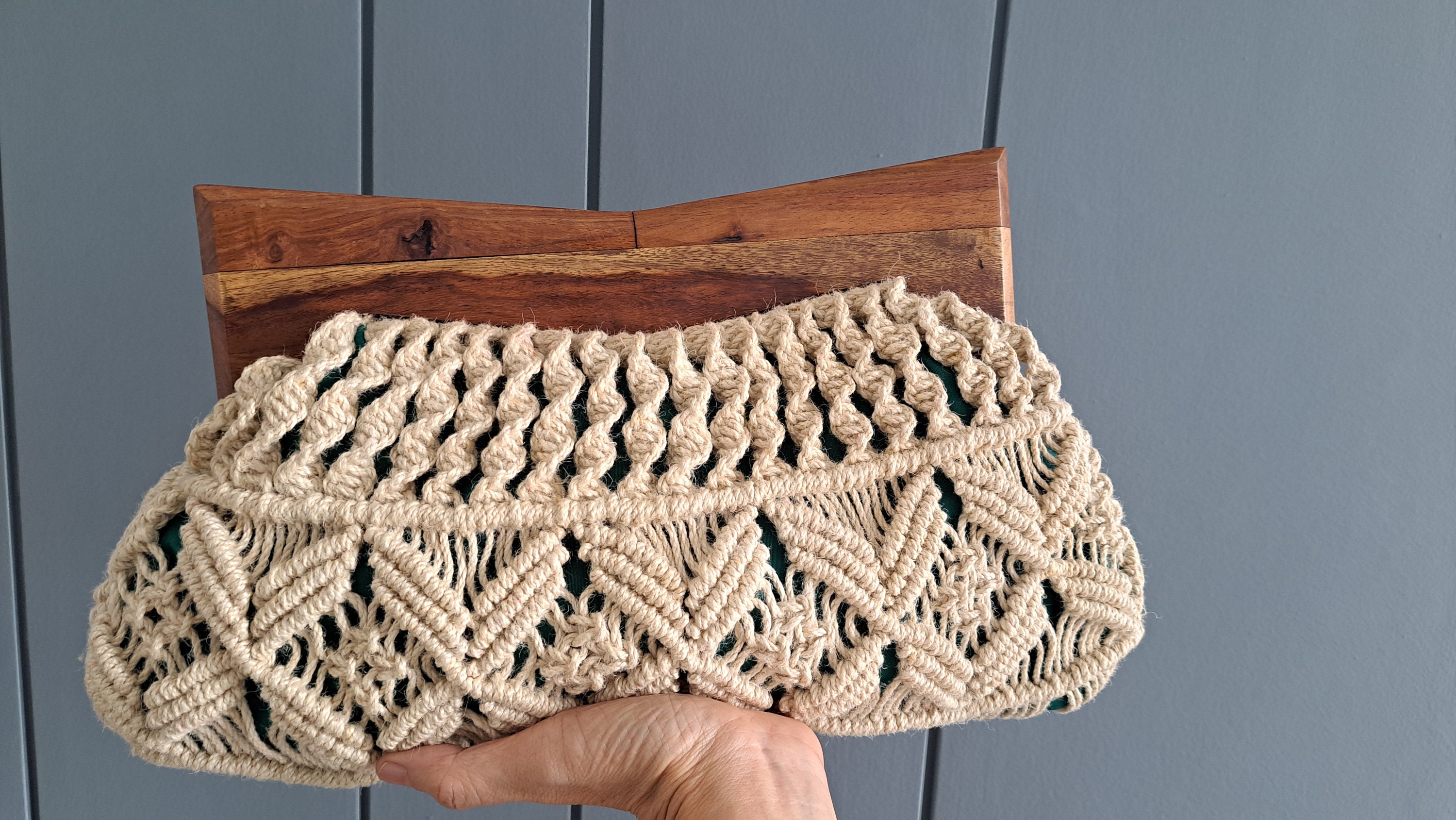 Vintage Macrame Clutch Wooden Closure Eco Friendly Clutch Eco Friendly ...