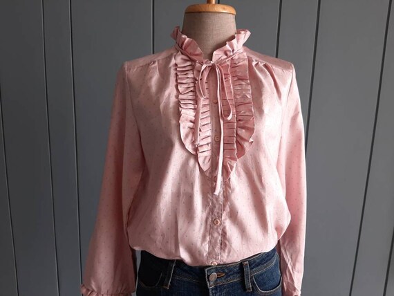 S-M - 70s Vintage Ruffle Pleated Blouse - Pink Retro … - Gem