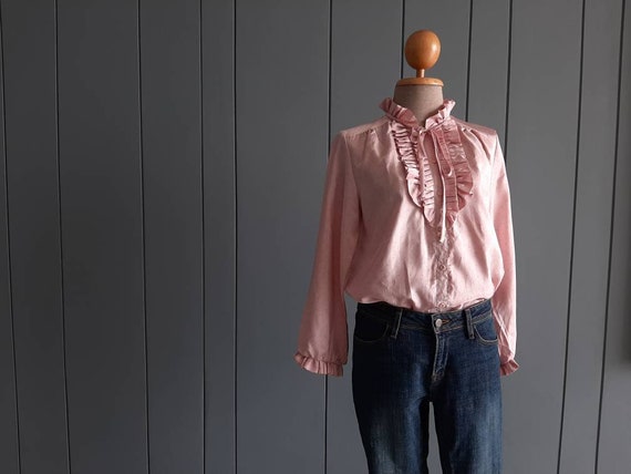 S-M - 70s Vintage Ruffle Pleated Blouse - Pink Retro … - Gem