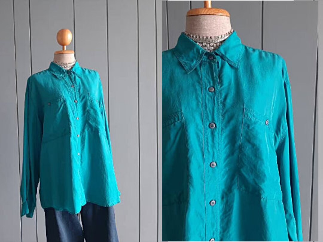 Plus Size - 48" Bust Pure Silk Vintage Blue Turquoise Shirt Blouse ...