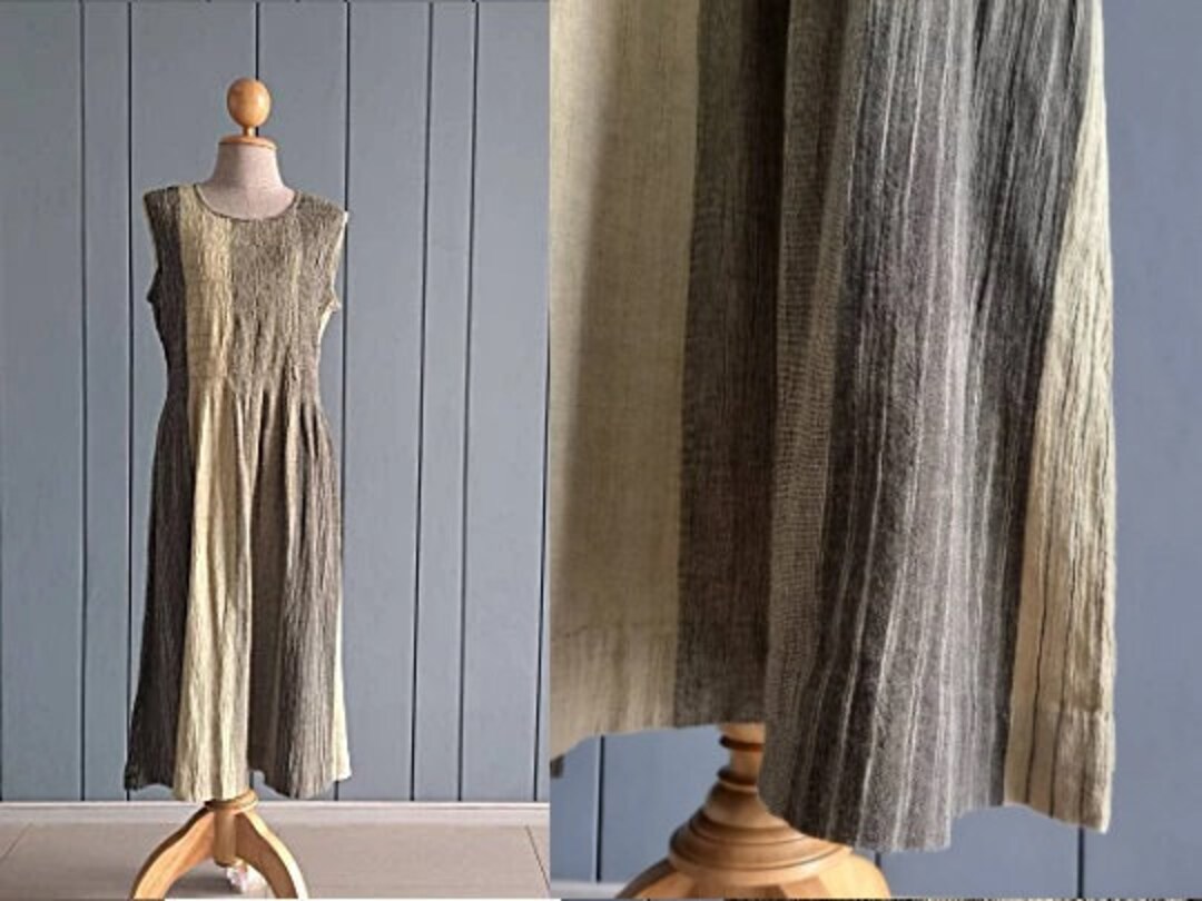 M L 90s Summer Cotton Shirred Dress Sleeveless Moss Khakhi Green Dress ...