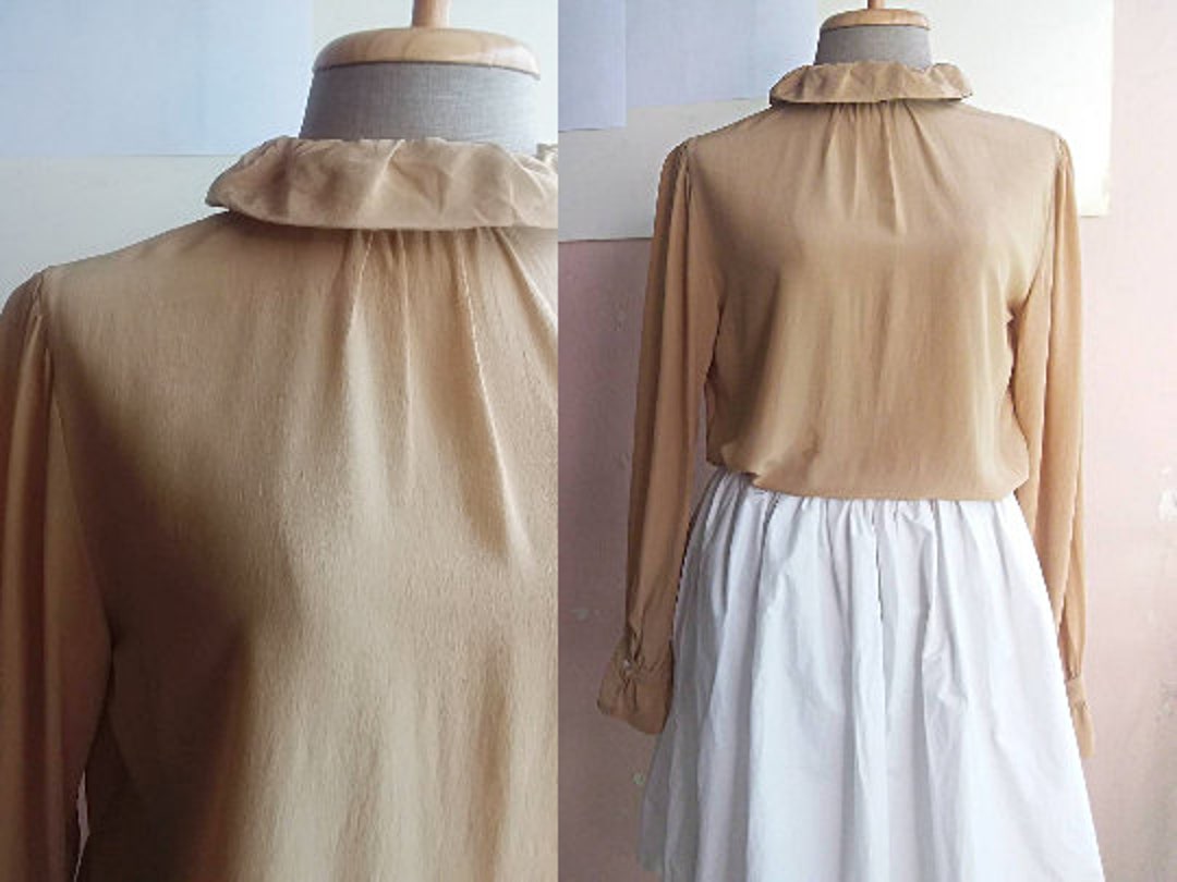 S M Vintage Pure Silk Blouse Ruffle High Neck Secretary Office Blouse ...