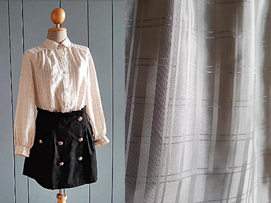 Lustrous M 70s Ivory Silky Shirt Blouse Silver Metallic Lurex Striped ...