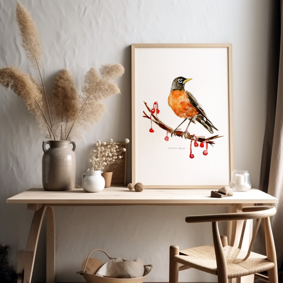 American Robin Art Red Robin Bird Watercolor Painting Bird Art - Etsy