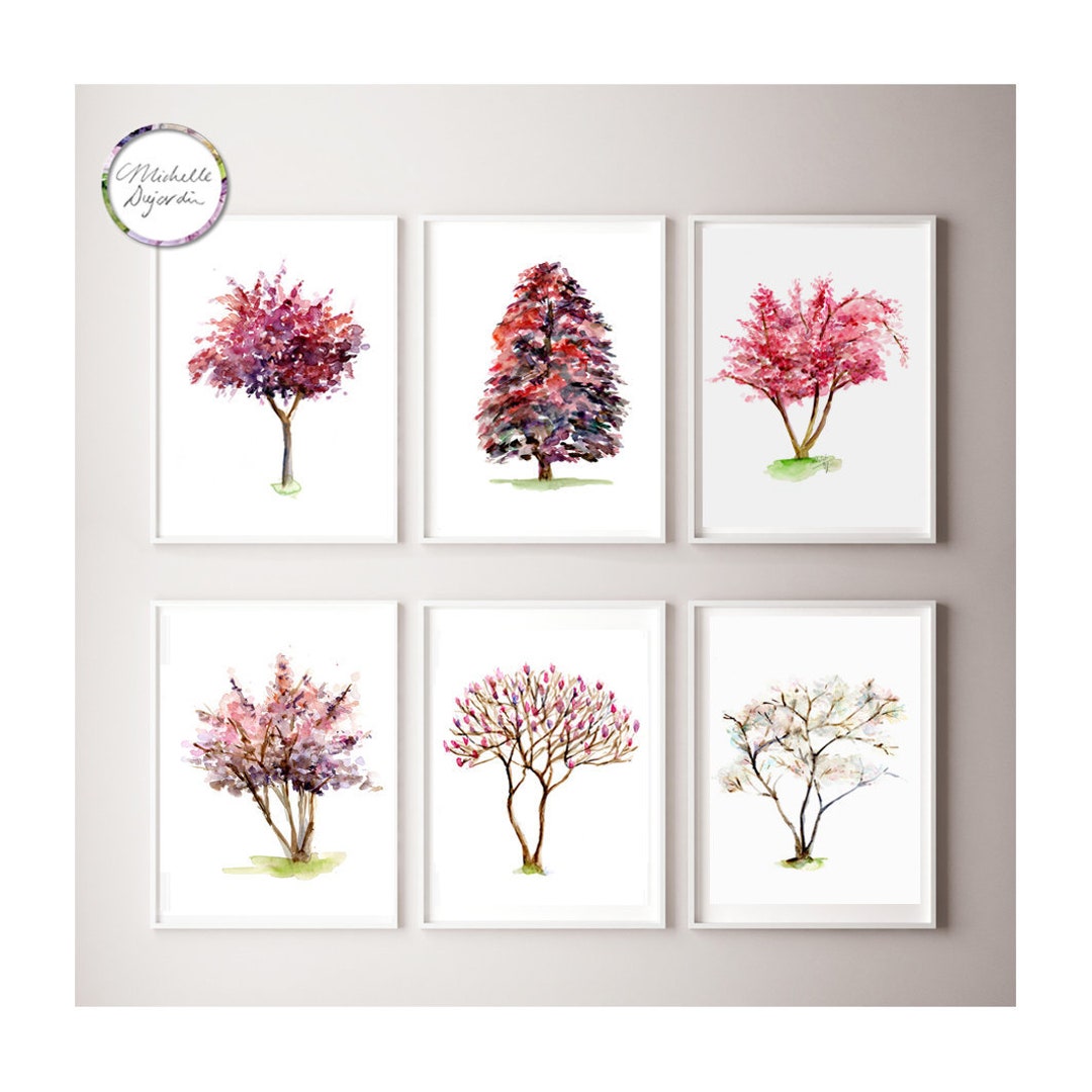 Tree Wall Art Prints Set of 6 Trees Pink Decor Magnolia, Blossom Trees ...