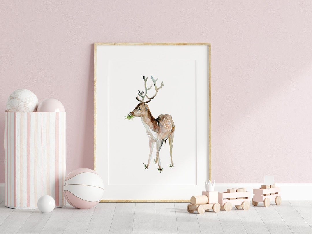 Fallow Deer Watercolor Art Print, Bird on Antlers, Nursery Decor - Etsy