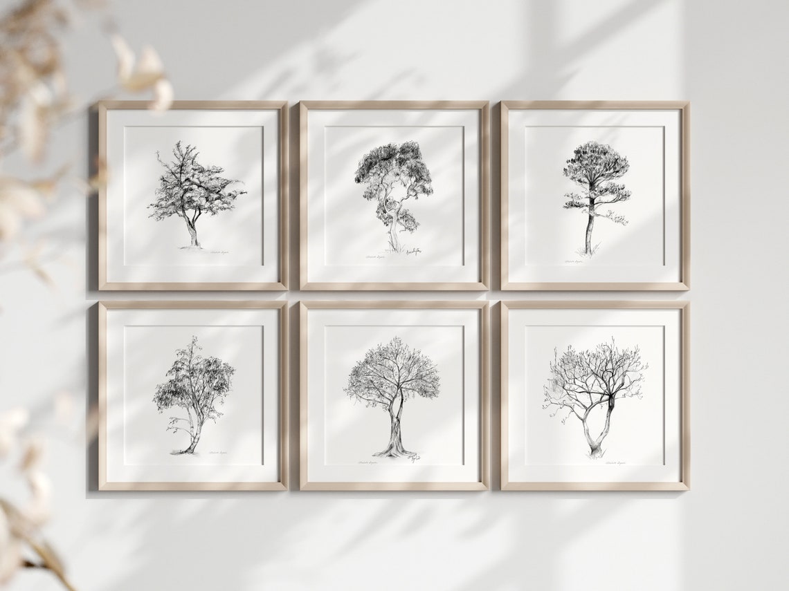 Tree Pencil Drawings Art Print Set, Grey Botanical Wall Decor - Etsy