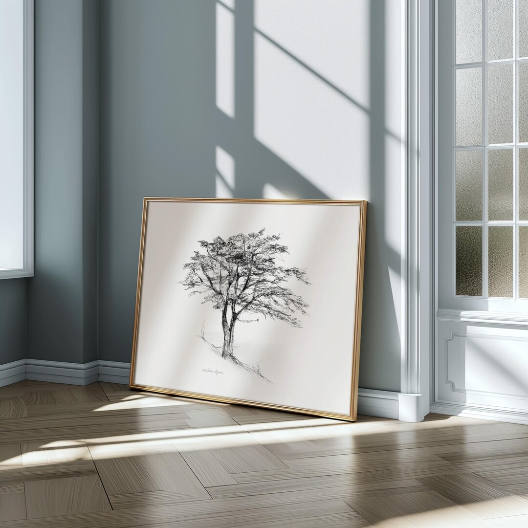 Tree Art Tree Drawing Print Tree on a Hill Pencil Tree Sketch Grey Wall ...
