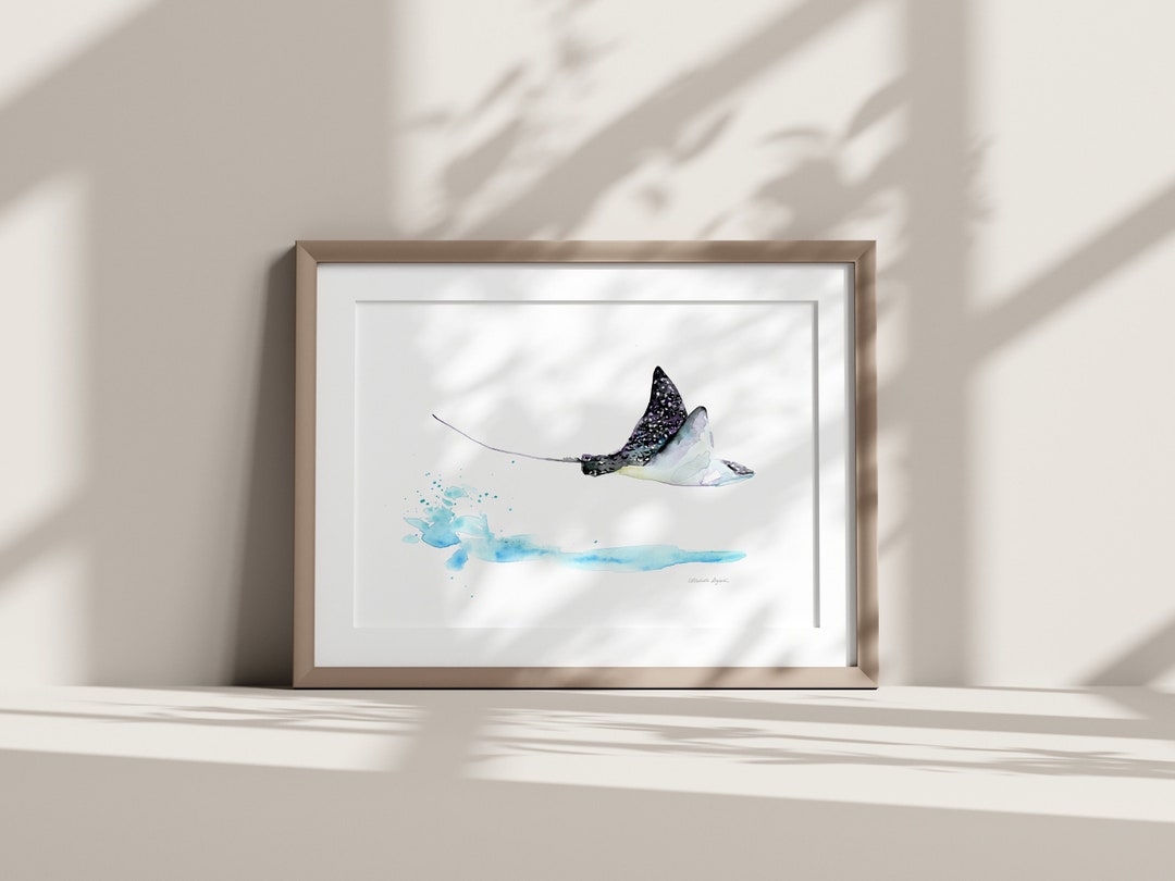 Eagle Ray Art, Ray Fish Watercolor Painting, Flying Ray Fish, Ocean ...
