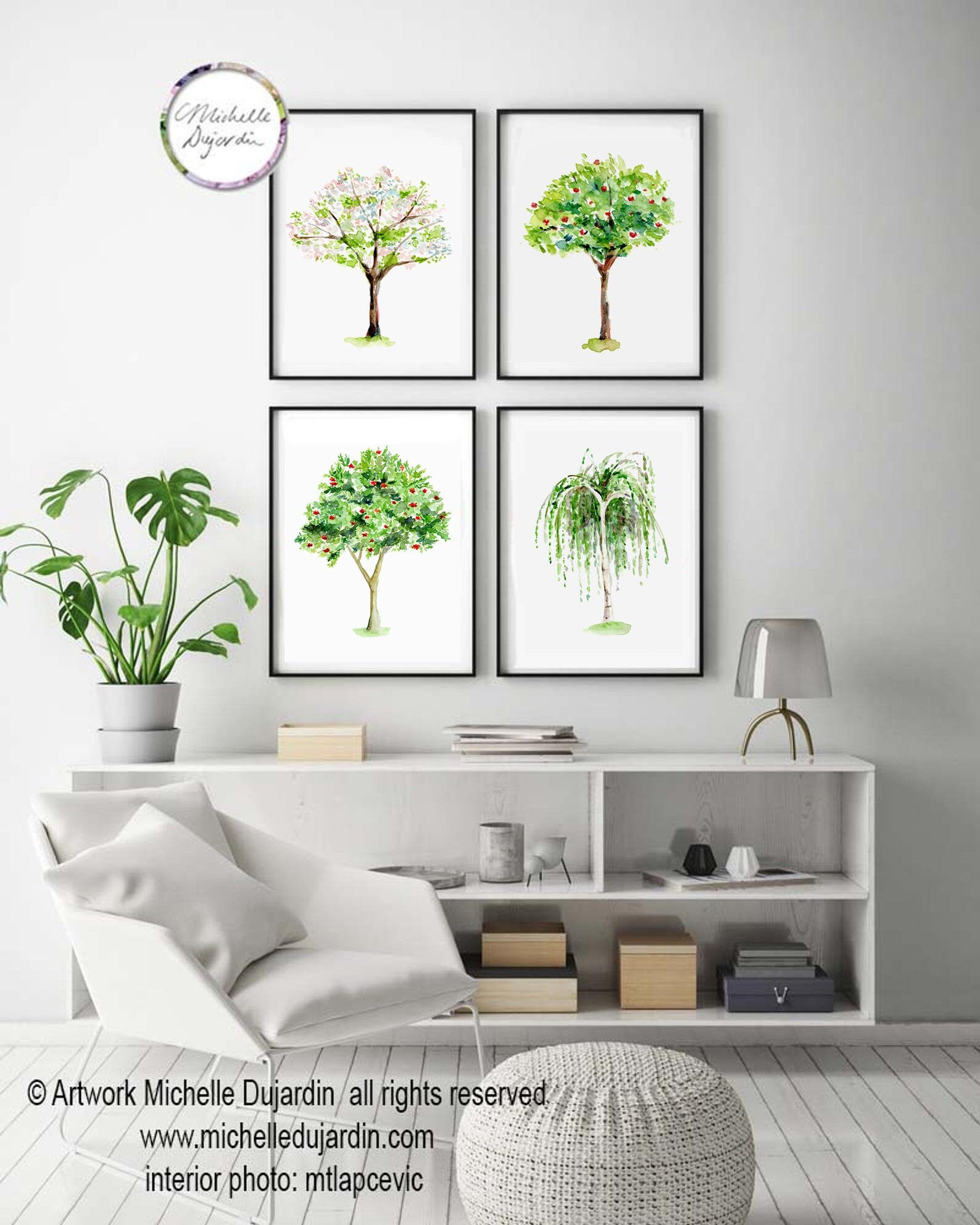 Green tree prints set of 4 tree watercolors green wall art | Etsy