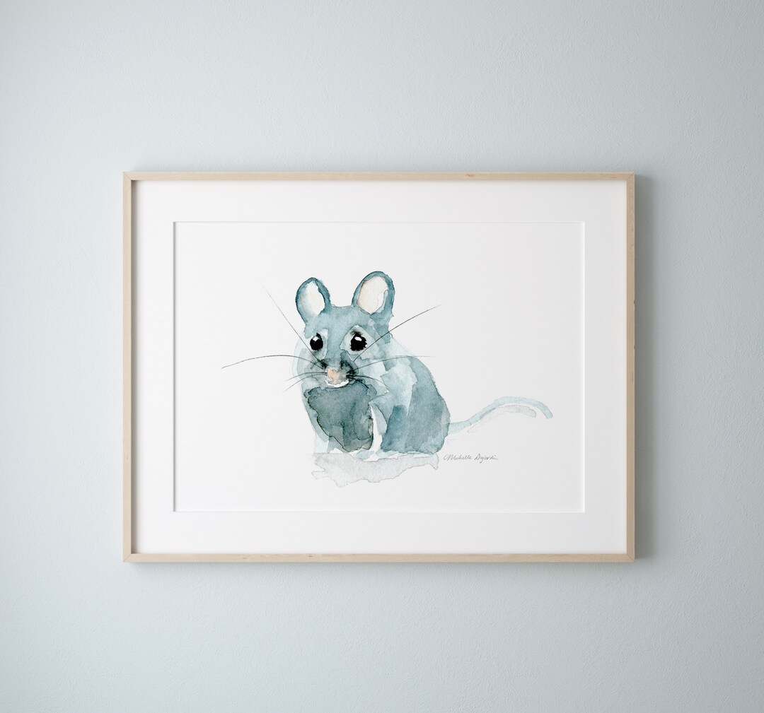 Mouse Art Cute Mouse Nursery Print Mouse Painting Blue Grey Baby Room ...